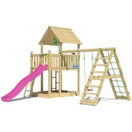 Jungle Gym Kinder Spielturm "Majesty", pink, Holzwerkstoff, B:435cm H:349cm T:452cm, Spieltürme, Spielanlage mit Schaukel, Kletterbock und Rutsche