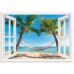 Wandbild Artland, B:70cm H:50cm, weiß, Wohnzimmer, Bilder, "Fensterblick Palmenstrand Karibik", als Alubild, Outdoorbild, Leinwandbild, Poster,