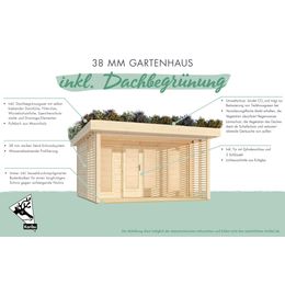 Gartenhaus Karibu, beige, Holzwerkstoff, Gartenh&auml;user, "Lettinsee", 38mm, inkl. Dachbegr&uuml;nung mit wasserabweisender Profilierung