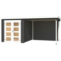 Gartenhaus Lasita Maja, grau, Holzwerkstoff, Gartenh&auml;user, "Long Beach", Blochbohlenhaus 28mm Anbau, Fundamentmass 4722x2300, Carbongrau