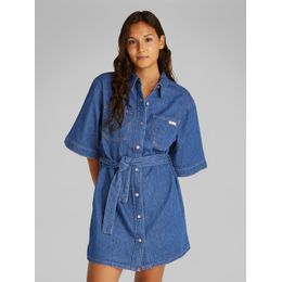 Damen Jeanskleid "LINEN BOXY BELTED SHIRT DRESS", blau, Gr. XS, Calvin Klein Jeans, unifarben, Denim/Jeans, Obermaterial: 100% Baumwolle, Kleider,