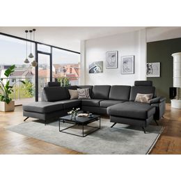 Wohnlandschaft DIE PLANBAR, B:309cm H:104cm T:235cm, grau, Sofas, "PN-EM15047 U-Form, mit Kopfstützen", Echtleder, wahlweise mit Bettfunktion u.