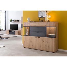 Highboard Hela, B:155cm H:125cm T:40cm, braun, FSC-zertifizierter Holzwerkstoff, Glas, MDF, Metall, Wohnzimmer, Sideboards, "Atlanta", H&ouml;he 125 cm