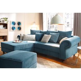 Ecksofa Home Affaire, B:260cm H:90cm T:190cm, blau, Samtcord »Ribbon« (88% Polyester 12% Polyacryl);Luxus-Microfaser (100% Polyester), Wohnzimmer,