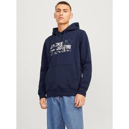 Jack & Jones JACK & JONES Herren Kapuzensweatshirt "JCOOUTDOOR LOGO SWEAT HOOD SN", blau, Gr. M, bedruckt, angeraute Sweatware, Obermaterial: 60% Baumwolle, 40%