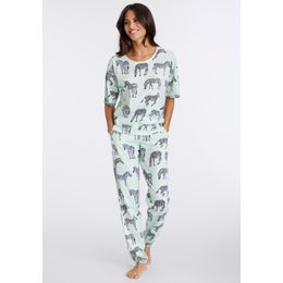 Vivance Dreams Damen Pyjama, Gr. 32, grün, Single Jersey, Obermaterial: 60% Baumwolle, 40% Polyester, Homewear-Sets, mt Animal Alloverprint