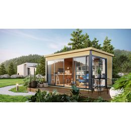 Gartenhaus Lasita Maja, beige, Holzwerkstoff, Gartenh&auml;user, "DOMEO 4 NATUR/ANTHRAZIT", Fundamentmass 4180 x 3219, Naturbelassen