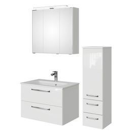 Badmöbel-Set SAPHIR, weiß, Kastenmöbel-Sets, "Badmöbel-Set Trentino 3-tlg Mineralmarmorwaschtisch,LED-Spiegelschrank", Badezimmer-Set mit Midischrank