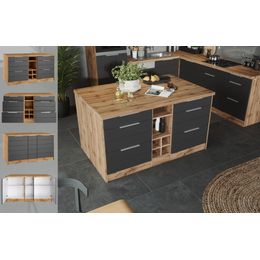 K&uuml;cheninsel KOCHSTATION, B:153cm H:86cm T:100cm, grau, Komplettk&uuml;chen-Sets, "KS-Luhe, Breite 153 cm, mit Flaschenregal", MDF-Fronten, Arbeitsplatte