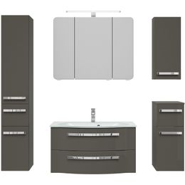 Badm&ouml;bel-Set SAPHIR, grau, Holzwerkstoff, Kastenm&ouml;bel-Sets, "Serie 4005, vormontiert, Glaswaschbecken, Spiegelschrank", Badezimmer-Set mit