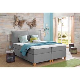 Boxspringbett Home Affaire, B:132cm L:205cm, grau, Struktur fein (100% Polyester), Komplettbetten, "Houssay", inkl. Topper, 5 Breiten, 2 H&auml;rtegraden