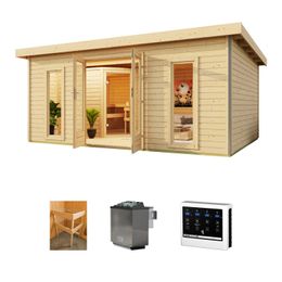Konifera Saunahaus "Maiko 4 SET A", Bio-Ofen, externe Steuerung, 9 kW, beige, Garten, Saunen, Ofen 9 kW Bio externe Strg easy