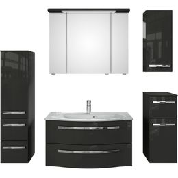 Badmöbel-Set SAPHIR, grau, Holzwerkstoff, Kastenmöbel-Sets, "Serie 4005, vormontiert, Glaswaschbecken, Spiegelschrank", Badezimmer Set 92 cm breit,
