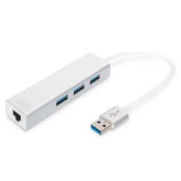 Digitus Laptop-Dockingstation "USB 3.0 3-Port Hub & Gigabit LAN-Adapter", B:9mm H:2,8mm T:18,5mm, silber, Dockingstationen