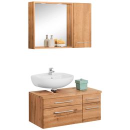 Badm&ouml;bel-Set Welltime, braun, Holzwerkstoff, Kastenm&ouml;bel-Sets, "Davos", inklusive Beleuchtung, H&auml;ngeschrank und Waschbeckenunterschrank