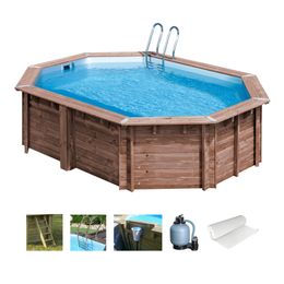 Achteckpool GRE, B:335cm H:130cm L:535cm, braun, Schwimmbecken, "BAMBU mit Edelstahlleiter", Kiefernholz, BxLxH: 335x535x130 cm