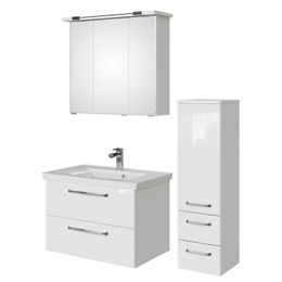 Badmöbel-Set SAPHIR, weiß, Kastenmöbel-Sets, "Badmöbel-Set Trentino 3-tlg Mineralmarmorwaschtisch,LED-Spiegelschrank", Badezimmer-Set mit Midischrank