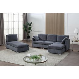 Wohnlandschaft, B:310cm H:87cm T:88cm, grau, ATLANTIC HOME COLLECTION, Sofas, modularer 4-Sitzer mit 2 Hockern, weicher Cordbezug