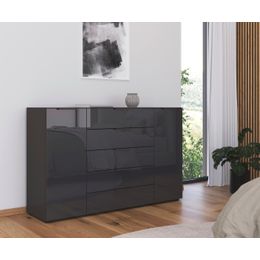 Schubkastenkommode Rauch, B:160cm H:99cm T:42cm, grau, Holzwerkstoff, Sideboards, "Kommode T&uuml;rkommode Sideboard Kombikommode FLIPP mit Glasfront",