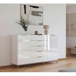 Schubkastenkommode Rauch, B:160cm H:110cm T:42cm, wei&szlig;, Holzwerkstoff, Sideboards, "Kommode T&uuml;rkommode Sideboard Kombikommode FLIPP mit Glasfront",