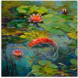 Leinwandbild Artland, B:100cm H:100cm T:1,8cm, gr&uuml;n, Leinwand, Wohnzimmer, Bilder, "Roter Koi", auf Keilrahmen gespannt
