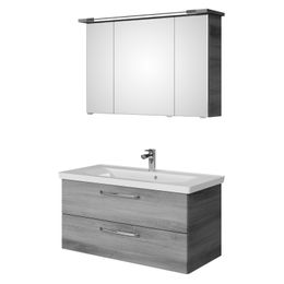 Badmöbel-Set SAPHIR, grau, Kastenmöbel-Sets, "Trentino 2-tlg Mineralmarmor-Waschtisch, Spiegelschrank mit LED-Profil", Badmöbel-Set 110cm breit,
