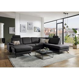 Wohnlandschaft DIE PLANBAR, B:309cm H:104cm T:235cm, schwarz, Sofas, "PN-EM15047 U-Form, mit Kopfstützen", Echtleder, wahlweise mit Bettfunktion u.