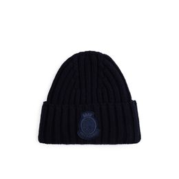 Tommy Hilfiger Damen Beanie "TH CREST FLUFFY", blau, Strick, Wolle, M&uuml;tzen, f&uuml;r Frauen, aus Rippstrick, TH-Wappen-Patch an Umschlag