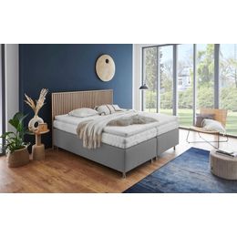 Boxspringbett, L:206cm, grau, Westfalia Schlafkomfort, Kopfteil MDF/Dekor Eiche hell, Boxenbezug: Feinstruktur 100% Polyester, Box: Holzwerkstoff mit