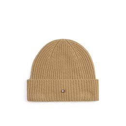 Tommy Hilfiger Damen Beanie "TH FLAG CASHMERE Premium Line", braun, Rippstrick, Kaschmir, M&uuml;tzen, mit Umschlag, aus Strick 100% Kaschmir Premium