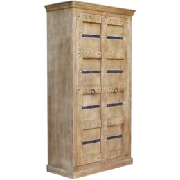 Garderobenschrank Sit, B:100cm H:180cm T:45cm, beige, Massivholz, Flur, Schr&auml;nke, "Daipur", geschnitzte Verzierungen