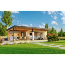 Gartenhaus Lasita Maja, beige, Holzwerkstoff, Gartenh&auml;user, "DOMEO 10 NATUR/ANTHRAZIT", mit Anbau, Fundamentmass 4000+4500 x 4500, Naturbelassen