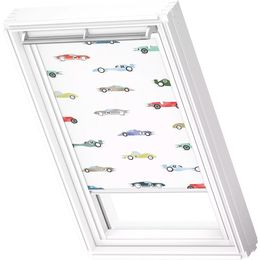 Velux Verdunklungsrollo "DKL 4654SWL, Motiv: Kids Rennautos", C02, stufenlos positionierbar, wei&szlig;, Kinderzimmer, Rollos, wei&szlig;e F&uuml;hrungsschienen &