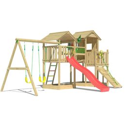 Jungle Gym Jungen Spielturm "Stronghold", rot, Holzwerkstoff, B:394cm H:310cm T:626cm, Spieltürme, Spielanlage mit 2 Türmen, Schaukel und Rutsche mit