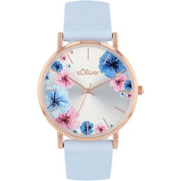 s.Oliver Damen Quarzuhr, blau, Armbanduhren, Armbanduhr, Damenuhr, analog, Blumen, Silikonarmband
