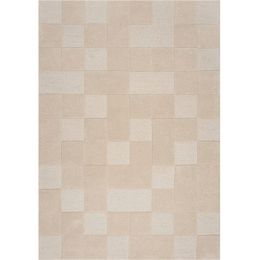 Wollteppich FLAIR RUGS, B:160cm H:10mm L:230cm, beige, Wolle, Wohnzimmer, Teppiche, "Checkboard, mit modernem Schachbrettmuster", Wollteppich mit