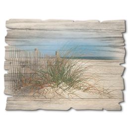 Holzbild Artland, B:40cm H:30cm, beige, Holzwerkstoff, Bilder, "Sch&ouml;ne Sandd&uuml;ne mit Gr&auml;sern und Zaun"
