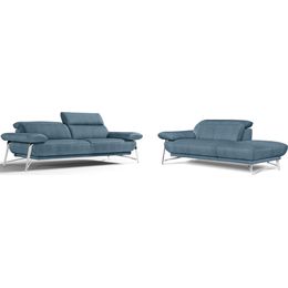 Egoitaliano Sofa "Anais, erstklassiger Sitzkomfort, Fußfarbe chrom", Luxus-Microfaser Lederoptik, Ottomane Armlehne links, blau, Sofas, Set, Kopfteil