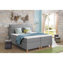 Boxspringbett Home Affaire, B:152cm L:205cm, grau, Struktur fein (100% Polyester), Komplettbetten, "Houssay", inkl. Topper, 5 Breiten, 2 H&auml;rtegraden