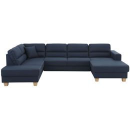 Wohnlandschaft Home Affaire, B:313cm H:85cm, blau, Sofas, "Navan, komfortabel mit viel Platz, U-Form", wahlweise mit Bettfunktion und Kopfstütze