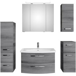 Badmöbel-Set SAPHIR, B:144cm H:200cm T:45cm, grau, Spanplatte, Kastenmöbel-Sets, "Serie 4010 5-teilig Keramik-Waschtisch mit LED-Spiegelschrank", Bad