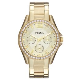 Fossil Damen Multifunktionsuhr "RILEY", gold, Armbanduhren, Quarzuhr, Armbanduhr, Damenuhr, Datum, Edelstahlarmband, Glassteine