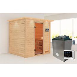 Karibu Sauna ""Ricky" mit bronzierter T&uuml;r und Kranz, naturbelassen", Saunaofen, externe Steuerung, 400 kW, beige, Saunen, aus hochwertiger nordischer