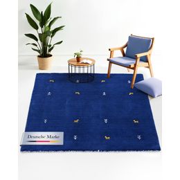 Wollteppich CarpetFine, B:120cm H:15mm L:120cm, blau, Wolle, Wohnzimmer, Teppiche, "Gabbeh-Uni", reine Wolle, handgewebt, Gabbeh Loom Tiermotiv,