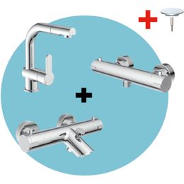 Schütte Badarmatur SCHÜTTE, grau, Messing, Armaturen, "3-teilige Serie LONDON", Energiesparend, Verbrühschutz, 360 schwenkbar, wassersparend