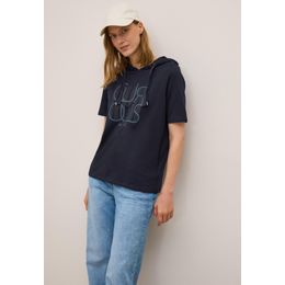 Cecil Damen Kapuzensweatshirt, blau, Gr. S, bedruckt, Sweatware, Obermaterial: 50% Baumwolle, 50% Modal, Sweatshirts, Halbarm-Shirt mit Glitzer-Print