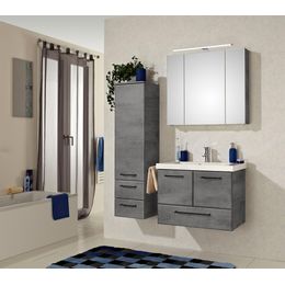 Badm&ouml;bel-Set SAPHIR, grau, Kastenm&ouml;bel-Sets, "Quickset 945 3-teilig, Mineralmarmor-Waschtisch mit LED-Spiegelschrank", Midischrank, 6 T&uuml;ren, 3