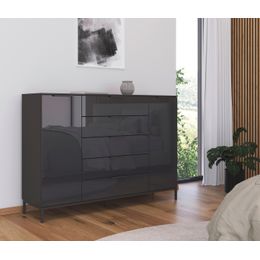 Schubkastenkommode Rauch, B:160cm H:111cm T:42cm, grau, Holzwerkstoff, Sideboards, "Kommode T&uuml;rkommode Sideboard Kombikommode FLIPP mit Glasfront",