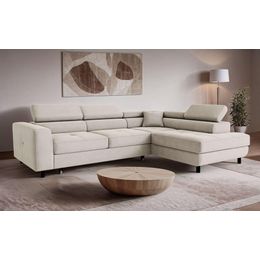 Ecksofa OTTO HOME, B:254cm H:90cm T:199cm, beige, 100% Polyester, Sofas, "AADEN Schlafsofa mit verstellbaren Kopfstützen, B/T/H: 254/199/90 cm", mit