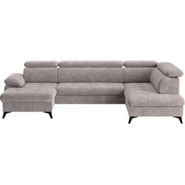 Wohnlandschaft COTTA, B:324cm H:100cm T:207cm, grau, Sofas, "Hudson U-Form", mit Kopfteilverstellung, wahlweise mit Bettfunktion & Bettkasten